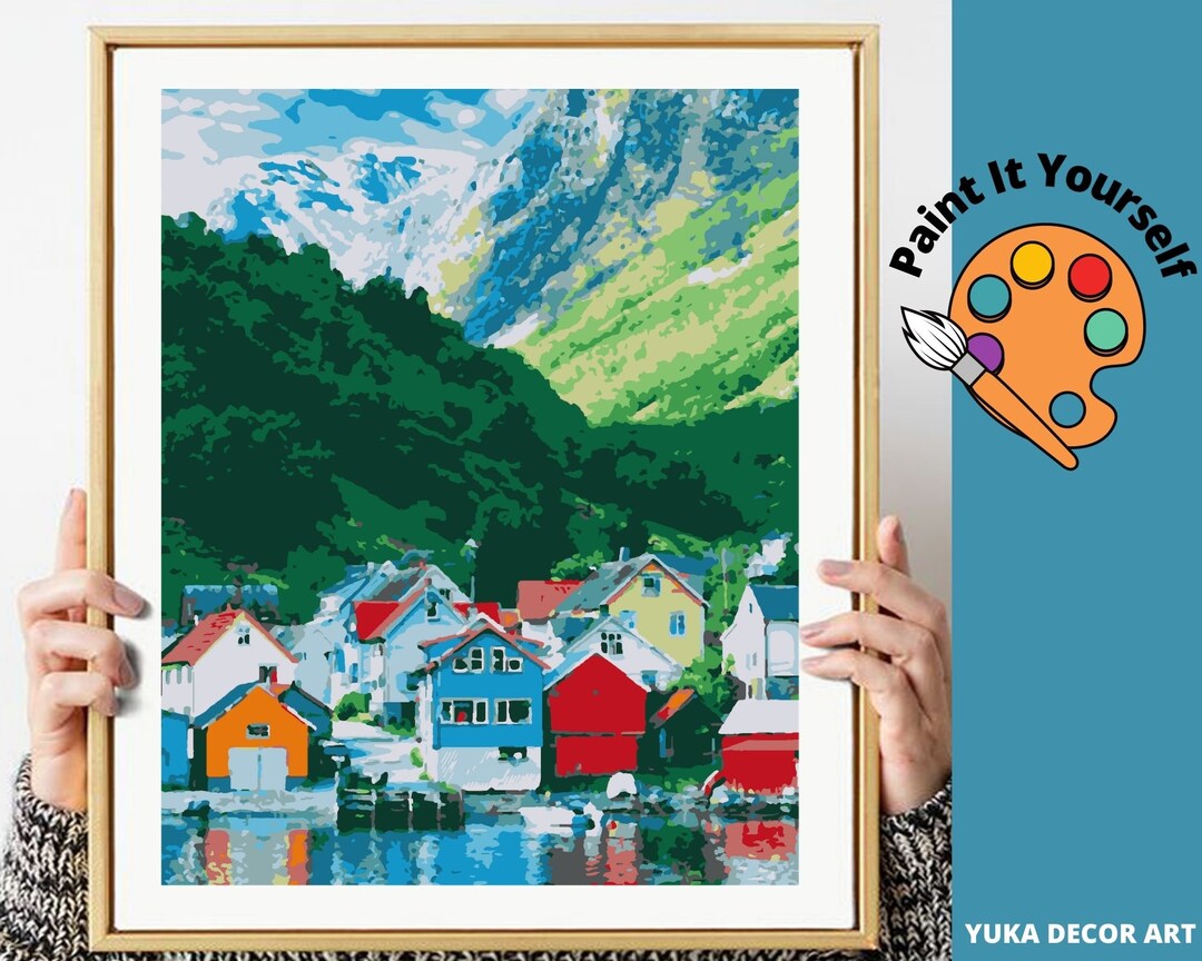 Mountain PAINT by NUMBER Kit for Adults , Idyllic Hillside Village ...