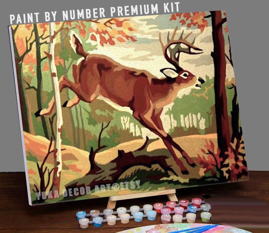 Running Deer PAINT by NUMBER Kit Adult , Mountain Forest Vintage Style ...