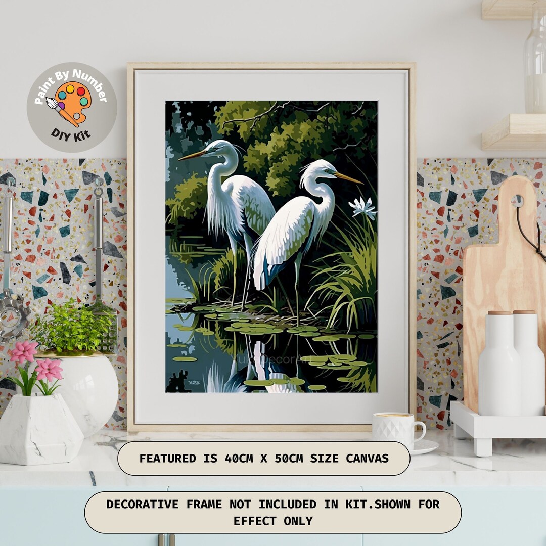 Bird PAINT by NUMBERS Kit for Adult White Herons DIY Paint Kit Vintage ...