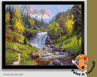 Mountain Waterfall PAINT by NUMBER DIY Kit for Adult Vintage | Etsy