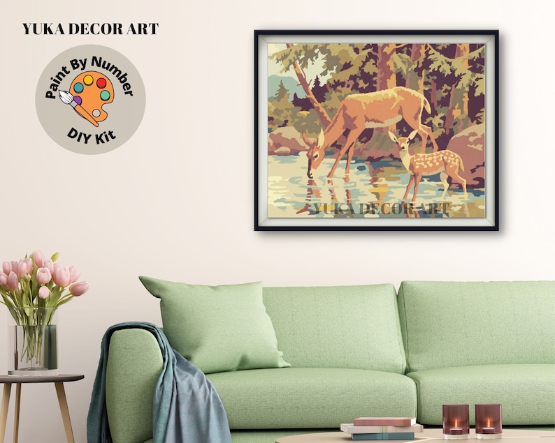 Deers in Forest PAINT by NUMBER Kit Adult Mountain Stream - Etsy