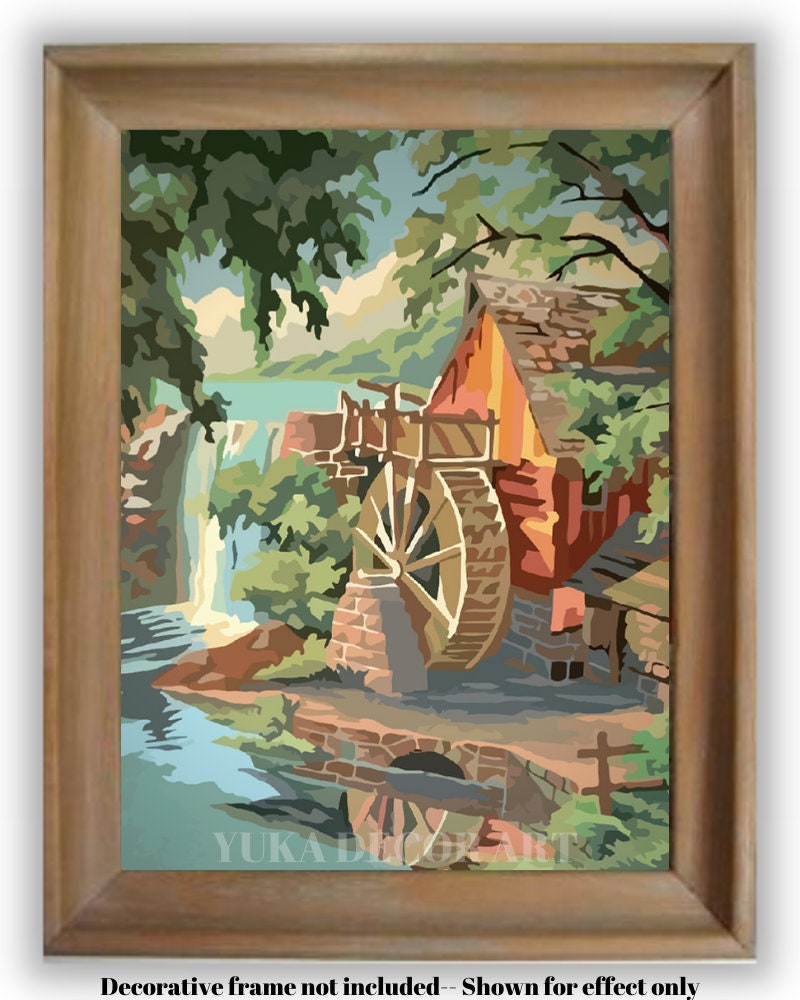 Vintage Style PAINT by NUMBER Kit Adult Water Mill River | Etsy