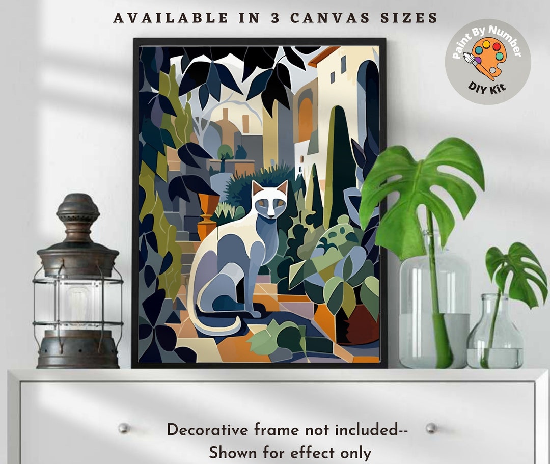 Modern PAINT by NUMBER Adult Kit ,cat Sitting in Courtyard , Foliage ...