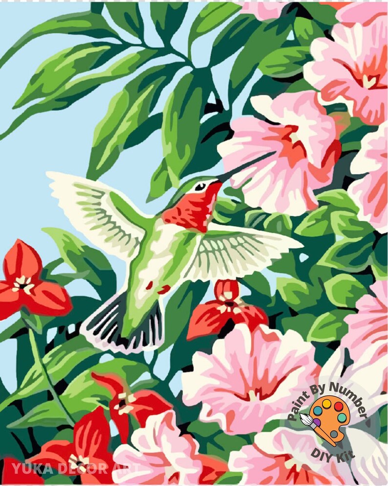 Bird PAINT by NUMBER Kit for Adults garden Flowers easy DIY | Etsy