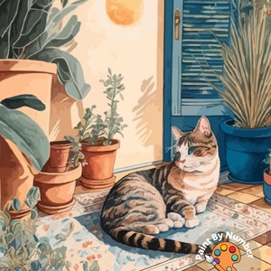 Modern PAINT by NUMBER Adult Kit , Cat on Carpet , Foliage Plants Blue ...