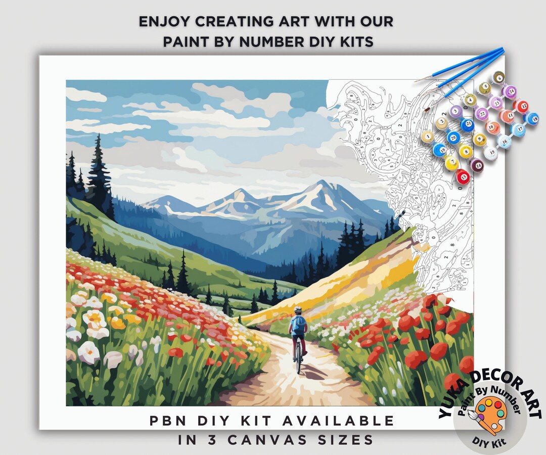 Mountain PAINT by NUMBER Kit for Adults , Cyclist Biking and Floral ...