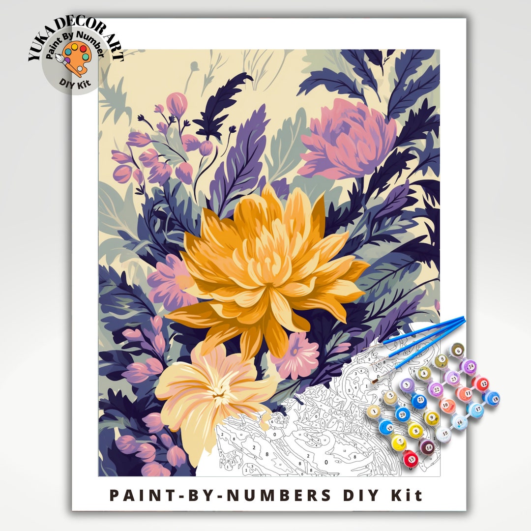 PAINT by NUMBER Kit Adult Dahlia Flowers Vintage Whimsical Pastel Wall Art Easy Beginner Acrylic ...