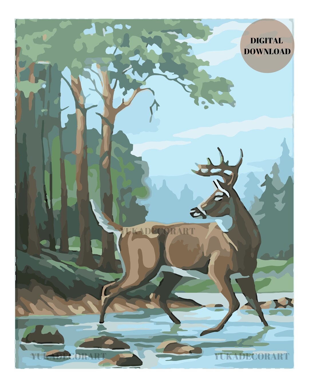 PBN DIGITAL DOWNLOAD Forest Deer Antler Mountain Vintage Style Art ...