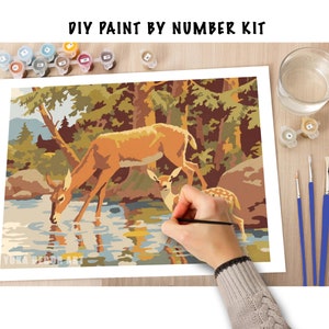 Deers in Forest PAINT by NUMBER Kit Adult , Mountain Stream Vintage ...