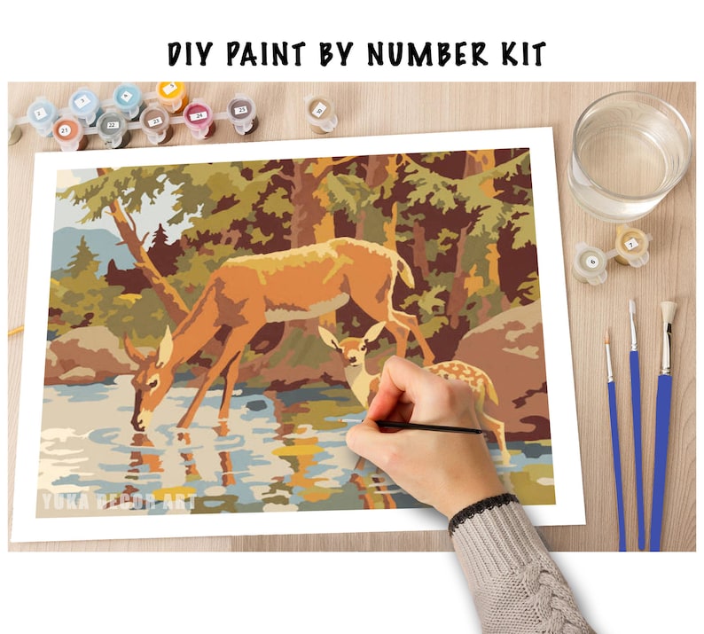 Deers in Forest PAINT by NUMBER Kit Adult Mountain Stream - Etsy