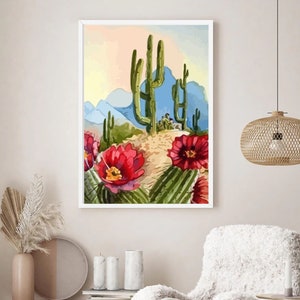 Desert Landscape PAINT by NUMBER Kit, Cactus Flowers Sunset Mountain ...