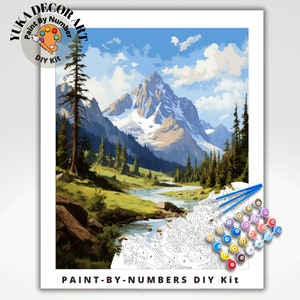 Mountain PAINT by NUMBER Kit Adult Stream River Landscape Vintage Style ...
