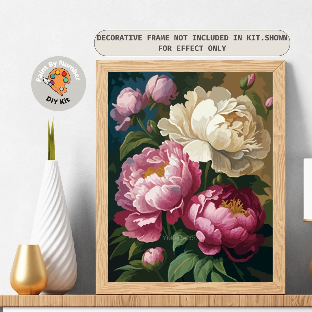 Floral Paint by Numbers Kit for Adult White Pink Peony Flowers Painting ...