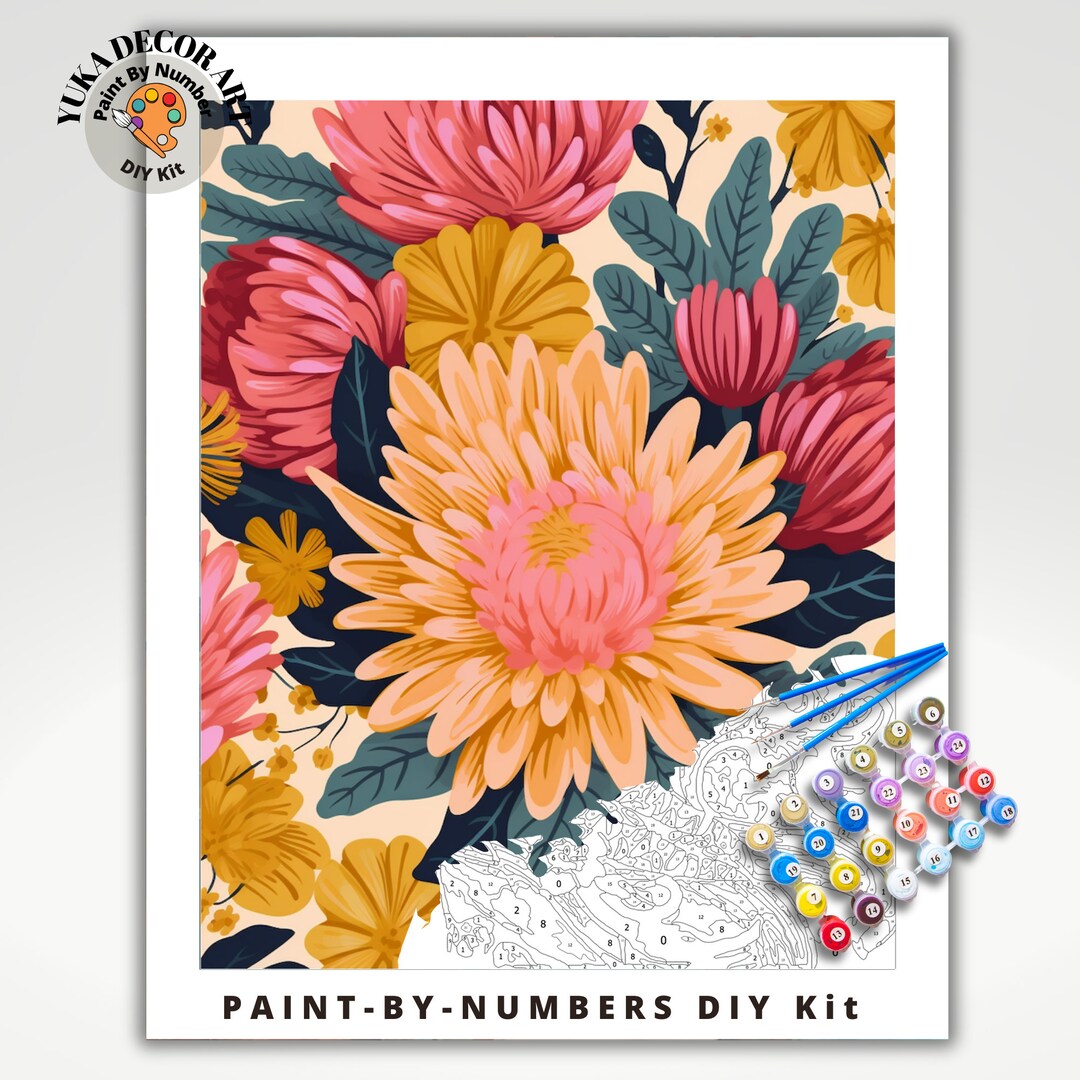 PAINT by NUMBER Kit Adult Dahlia Flowers Vintage Whimsical Pastel Wall Art Easy Beginner Acrylic ...