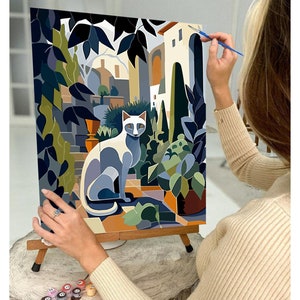 Modern PAINT by NUMBER Adult Kit ,cat Sitting in Courtyard , Foliage ...