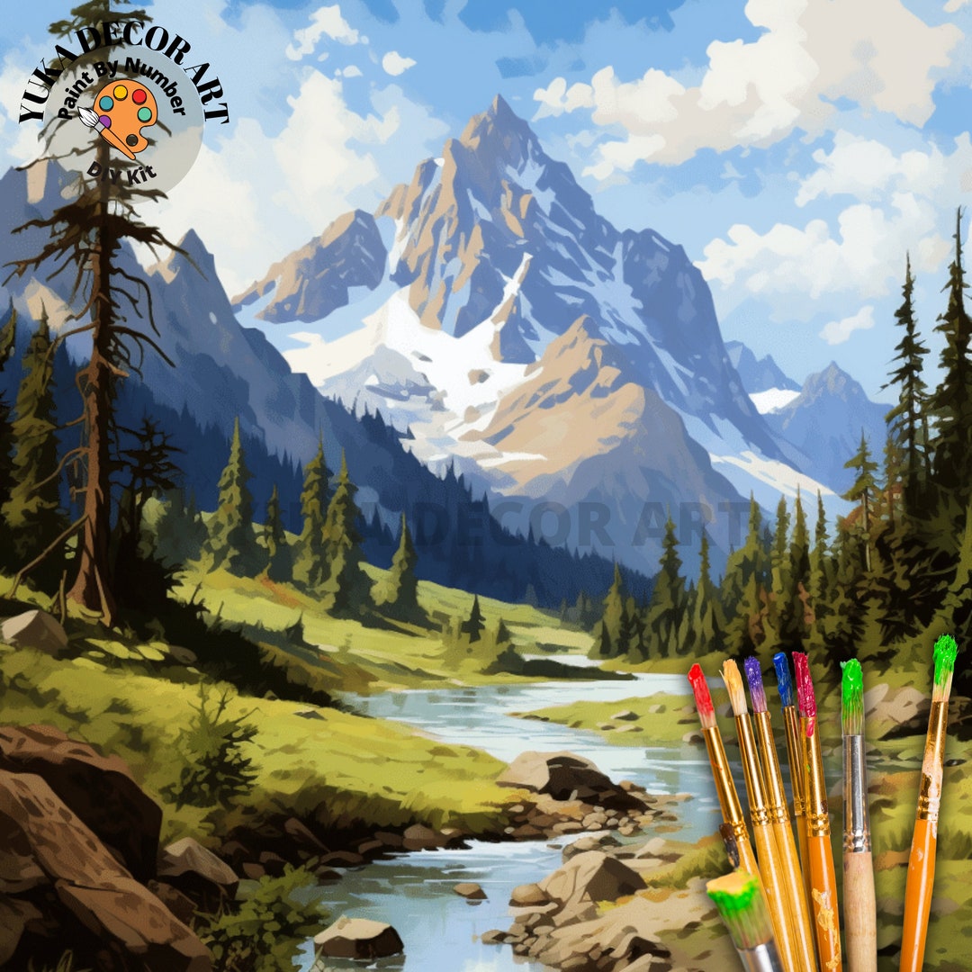 Mountain PAINT by NUMBER Kit Adult Stream River Landscape Vintage Style ...