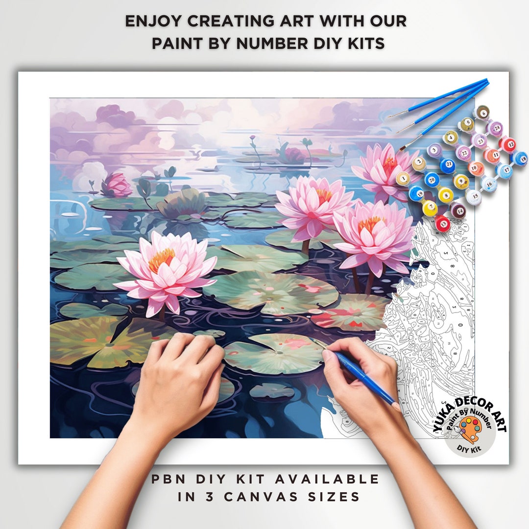 Pink Lilies PAINT by NUMBER Kit Adult Tropical Flowers Plants Pond L Minimalist Art Easy ...