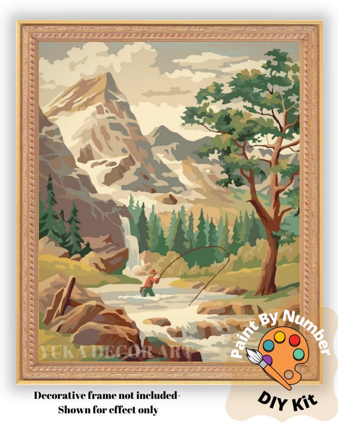 Vintage Mountain PAINT by NUMBER Kit Adult, Fishing in the Stream Scene ...