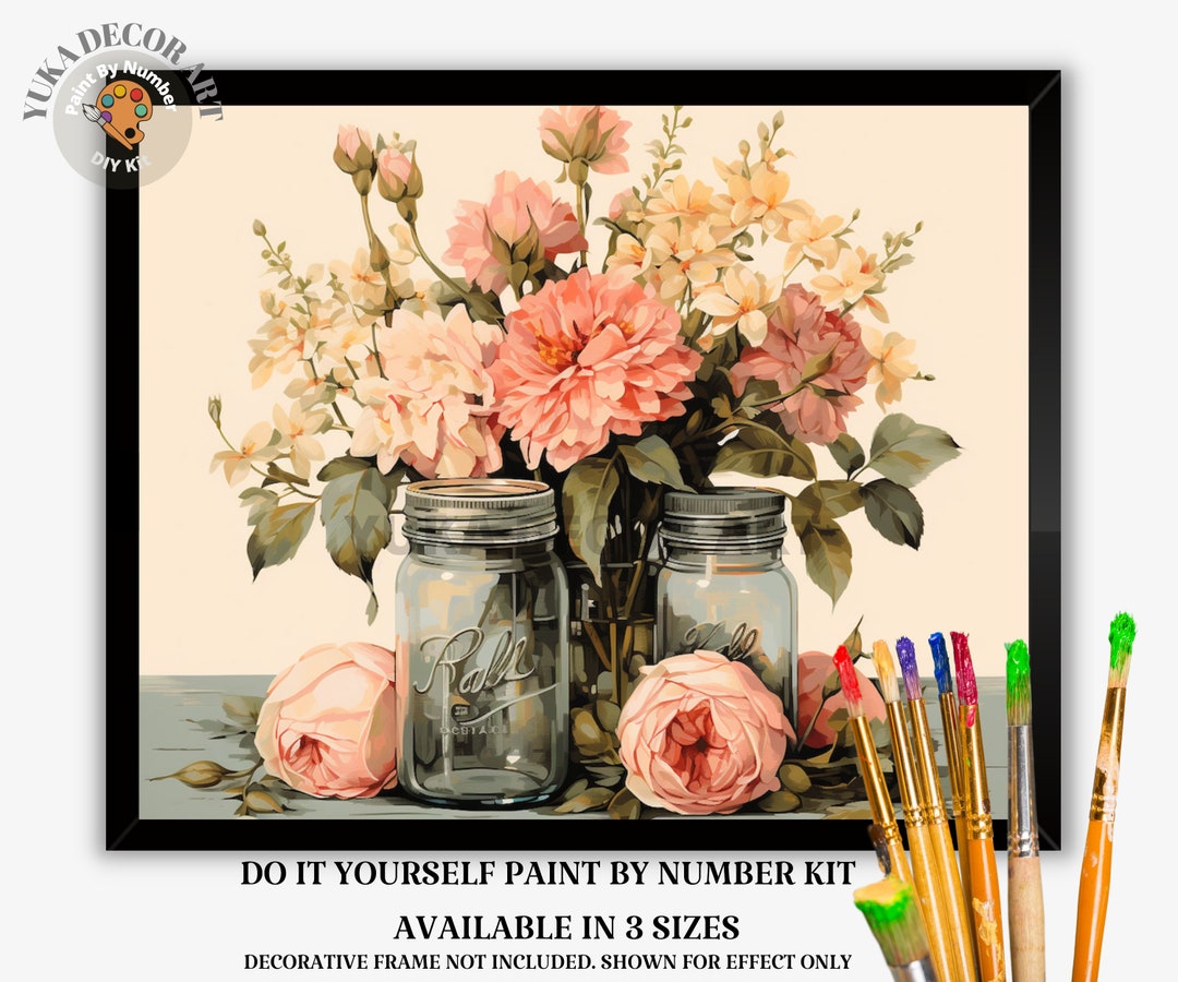 Pink Flowers PAINT by NUMBER Kit Adult, Floral Art Illustration ...