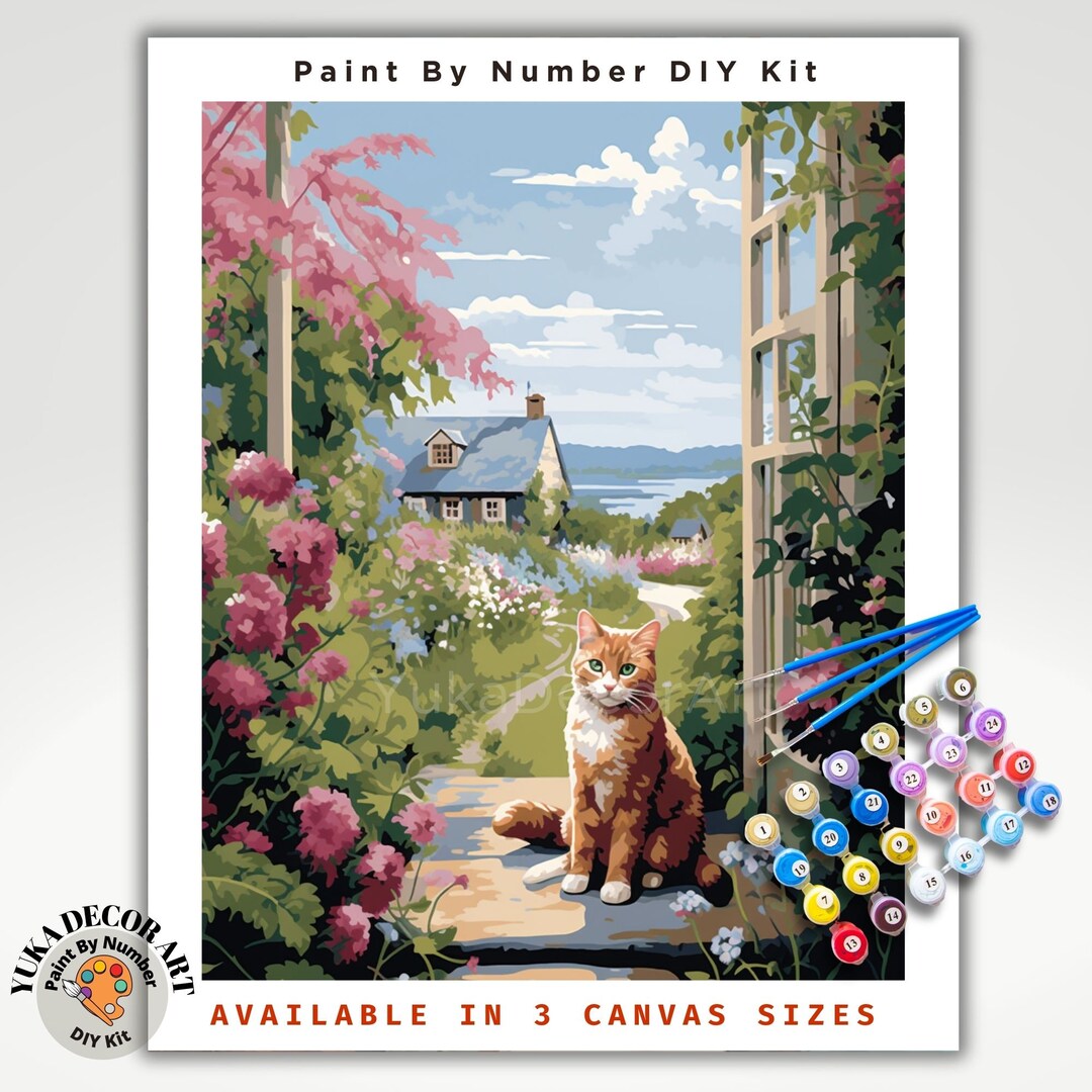 PAINT by NUMBERS Kit Adults Cat in the Flower Garden Easy Beginners ...