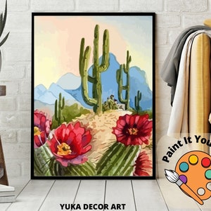 Desert Landscape PAINT by NUMBER Kit, Cactus Flowers Sunset Mountain ...