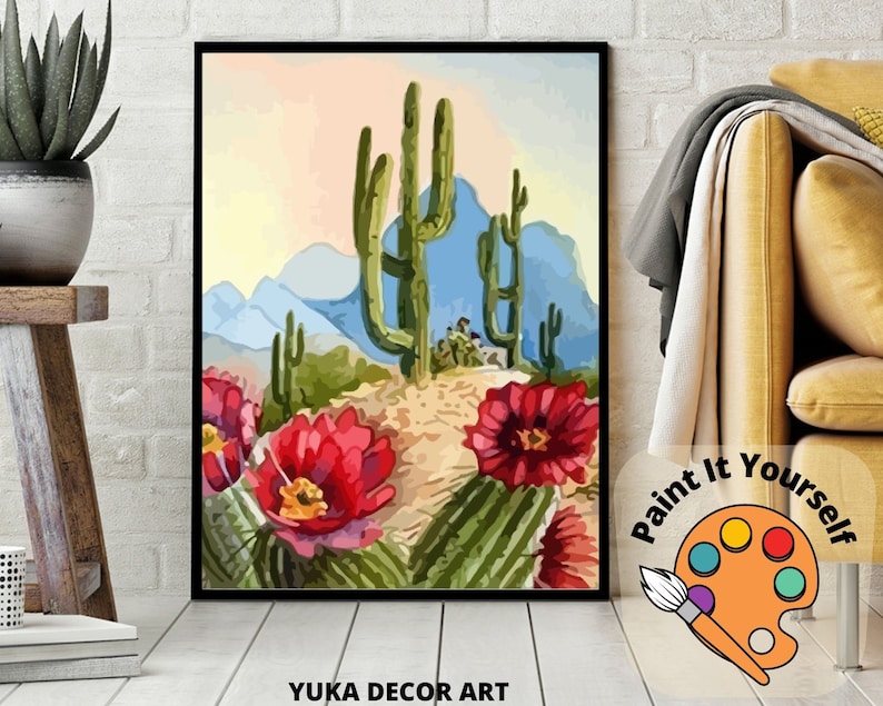 Desert Landscape PAINT by NUMBER Kit Cactus Flowers Sunset - Etsy