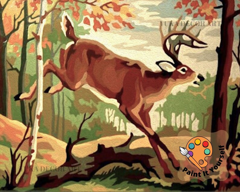 Running Deer PAINT by NUMBER Kit Adult Mountain Forest | Etsy