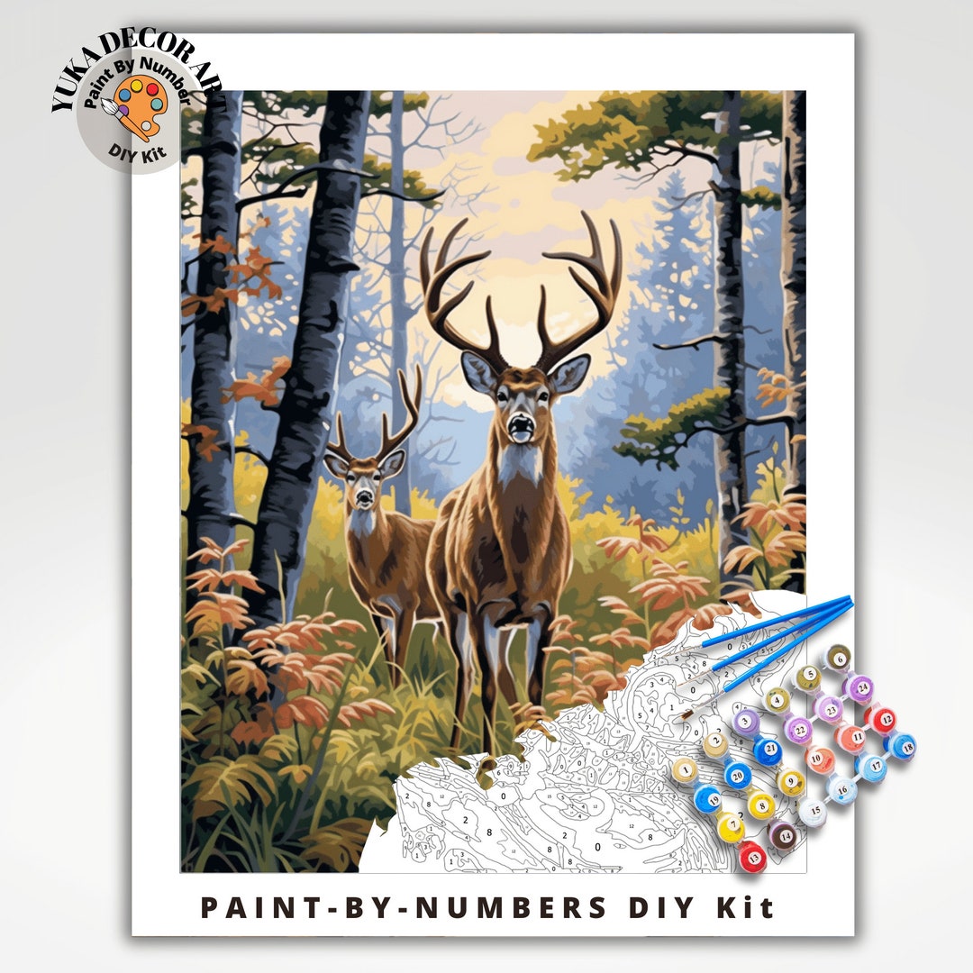 Forest PAINT by NUMBERS DIY Kit Adult Fall Colors Mountain Antlers Art ...