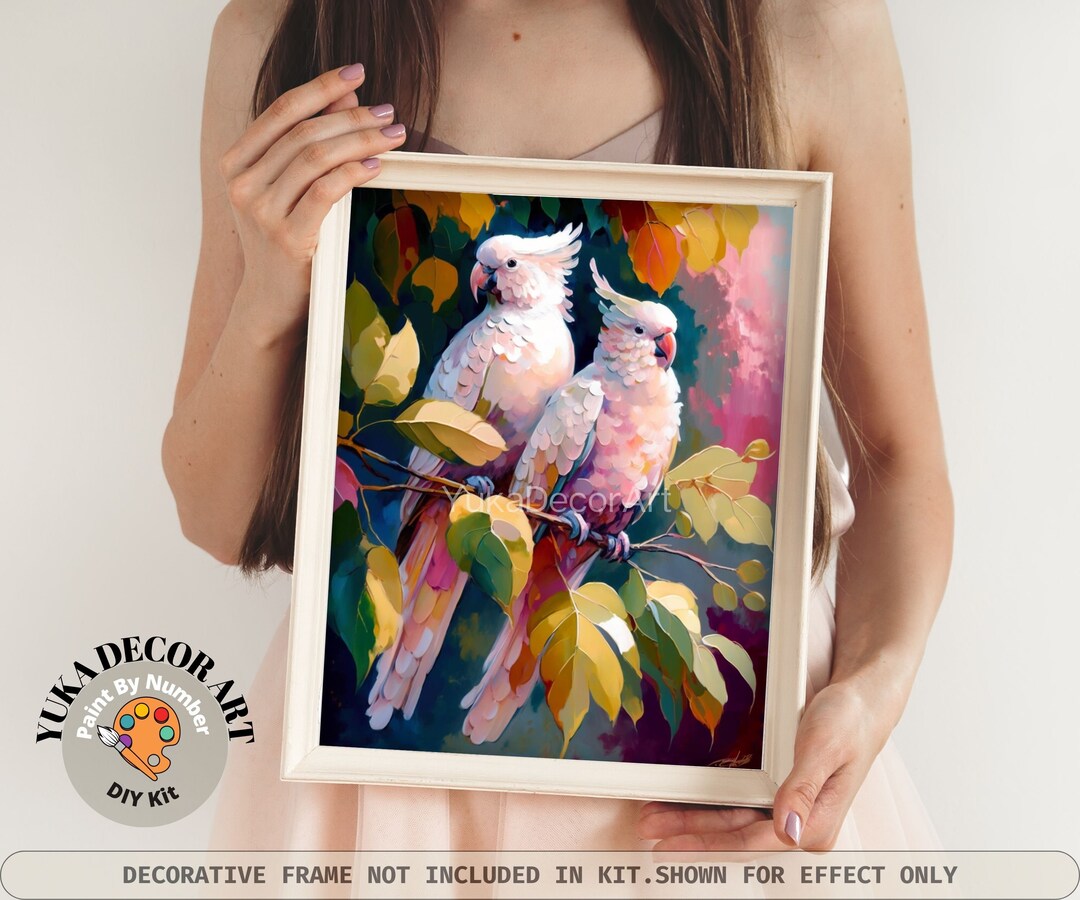 PAINT by NUMBER Kit Adult Pink Parrot DIY Paint Kit Birds in Forest ...