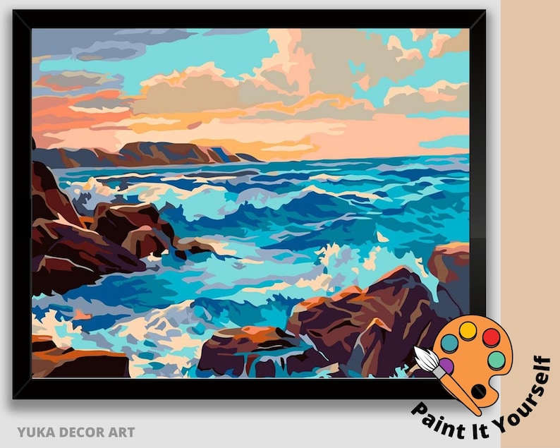 Seaside PAINT by NUMBERS Kit for Adult & Kids, Sea Waves Beach DIY ...