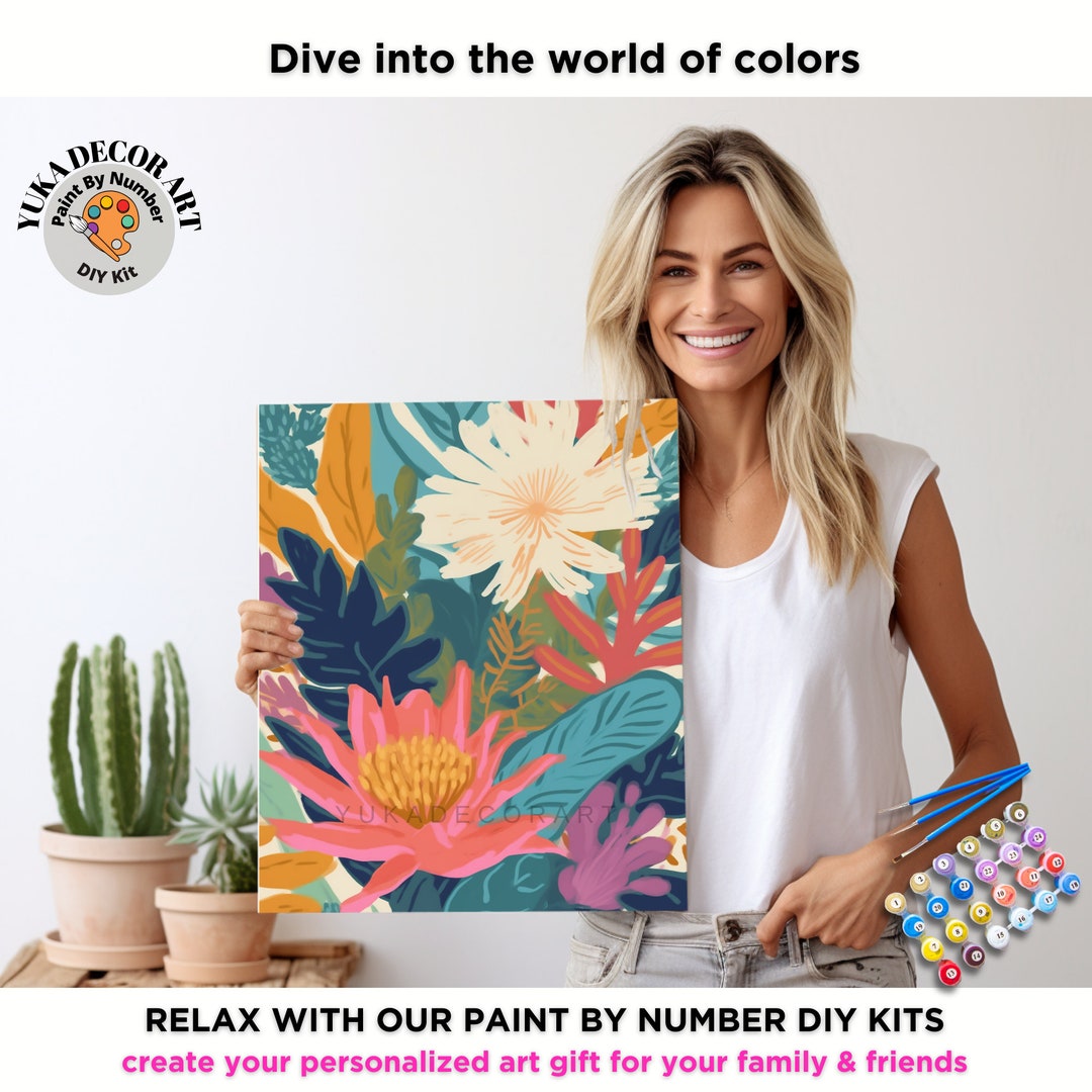 Floral PAINT by NUMBER Kit for Adults Modern Flowers Abstract Art Easy Beginner Acrylic Paint ...