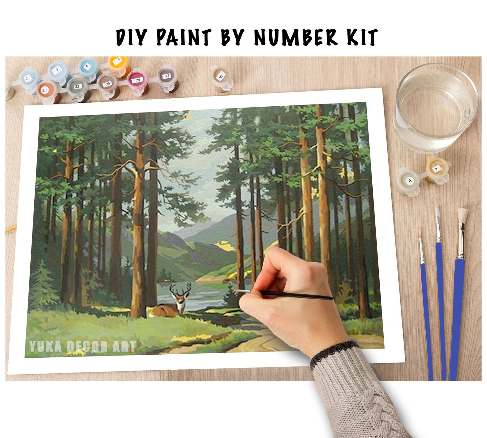 Mountain Trees Vintage PAINT by NUMBER Kit , Deer in Forest Vintage ...