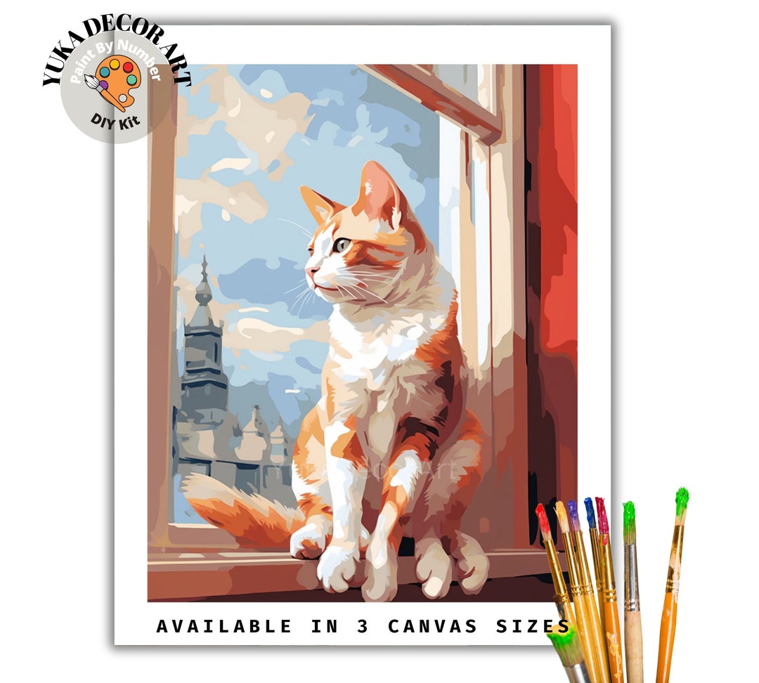 Modern PAINT by NUMBER Kit Adult , Cat in Window , Multicolor Cat ...
