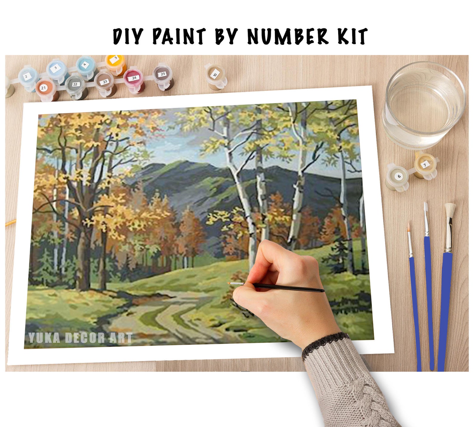 Scenic Mountain PAINT by NUMBER Kit Adult , Forest Nature Vintage Style ...
