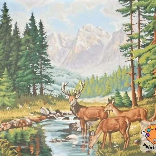 Deers in Forest PAINT by NUMBER Kit Adult Mountain Stream - Etsy