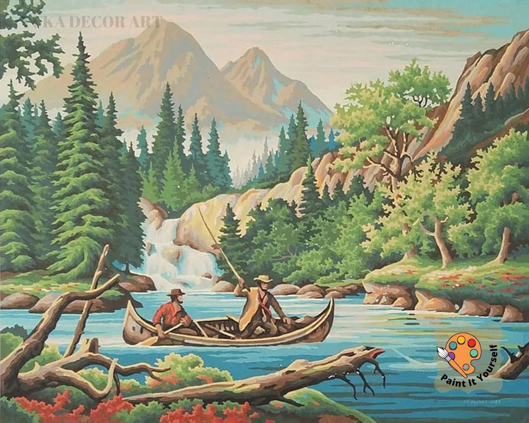Fishing Men Vintage Style PAINT by NUMBER Kit Adult ,mountain River ...