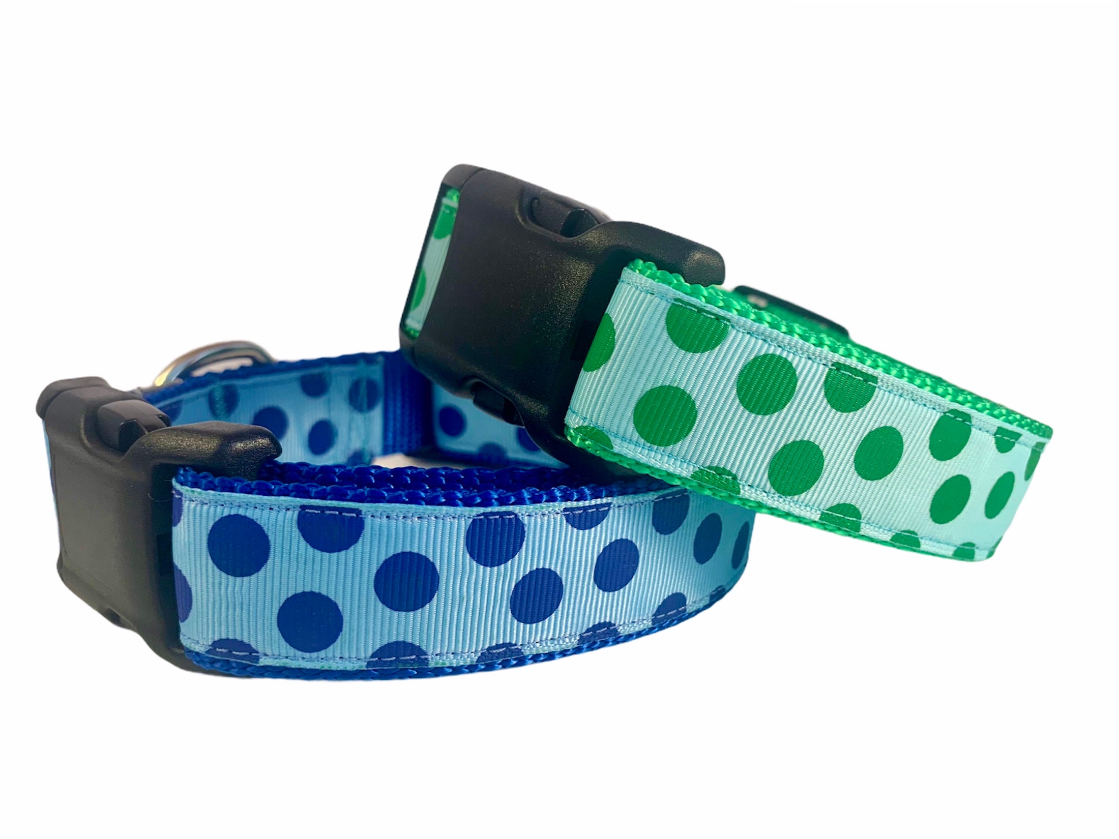 Light Blue Dog Collar with Green Polka Dots quick release | Etsy