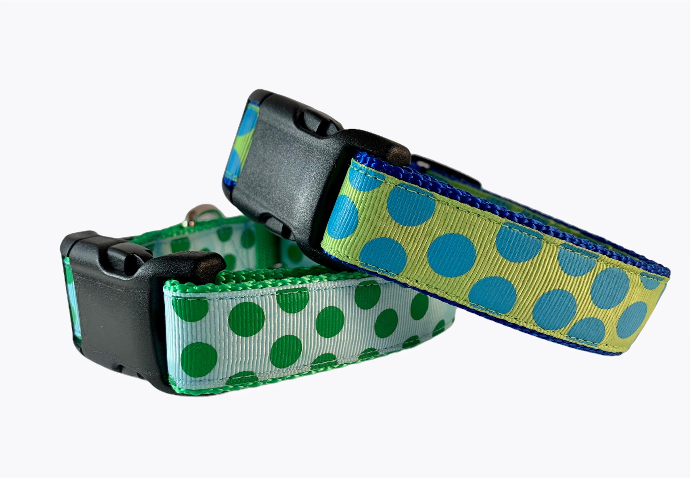 Light Blue Dog Collar with Green Polka Dots quick release | Etsy