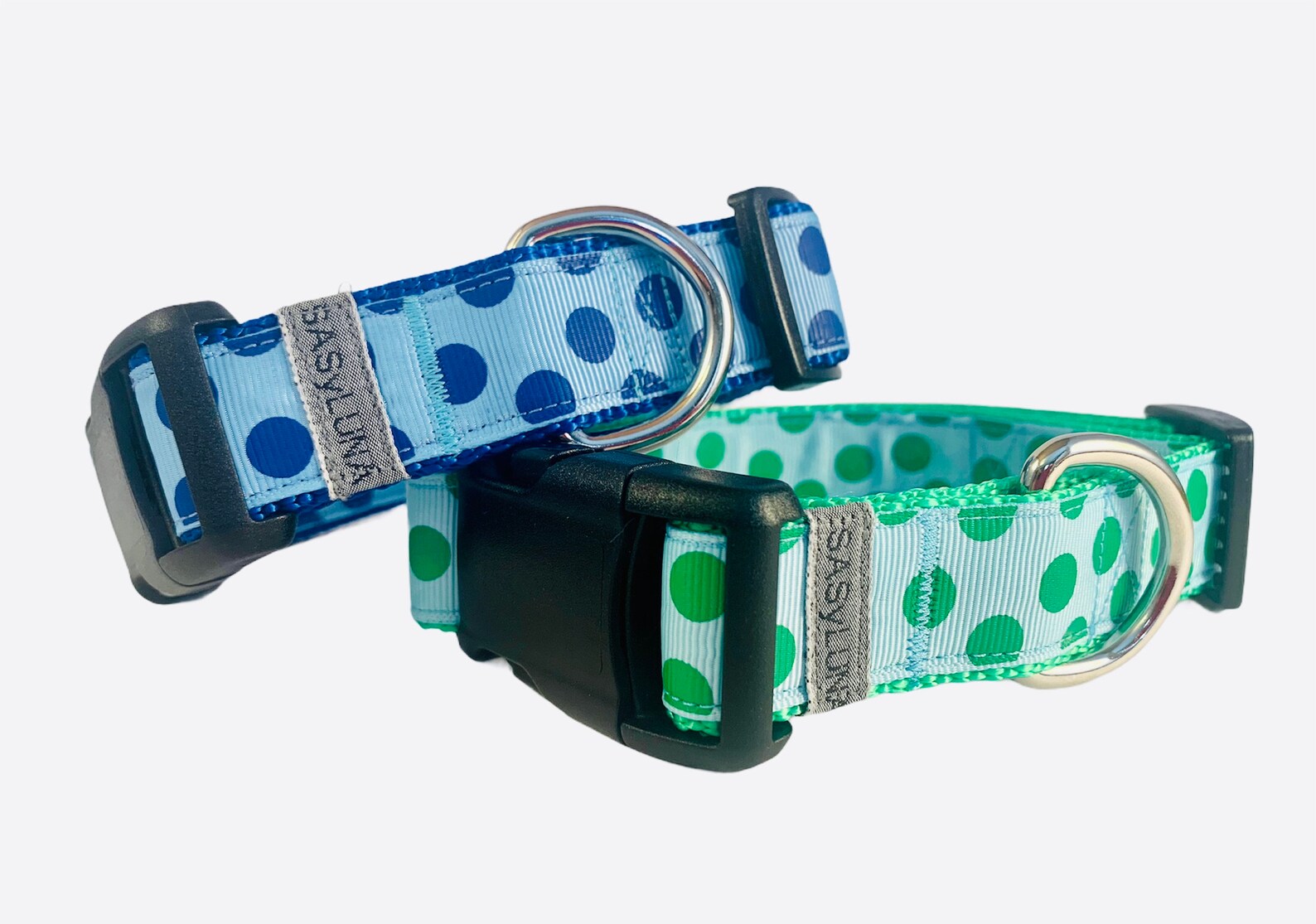Light Blue Dog Collar with Green Polka Dots quick release | Etsy
