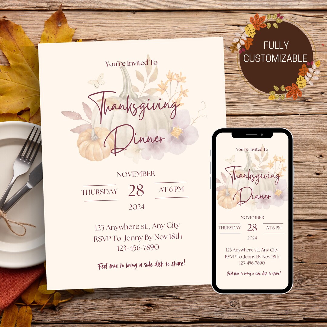 Thanksgiving Dinner Invitation, Canva Editable Thanksgiving Invitation ...