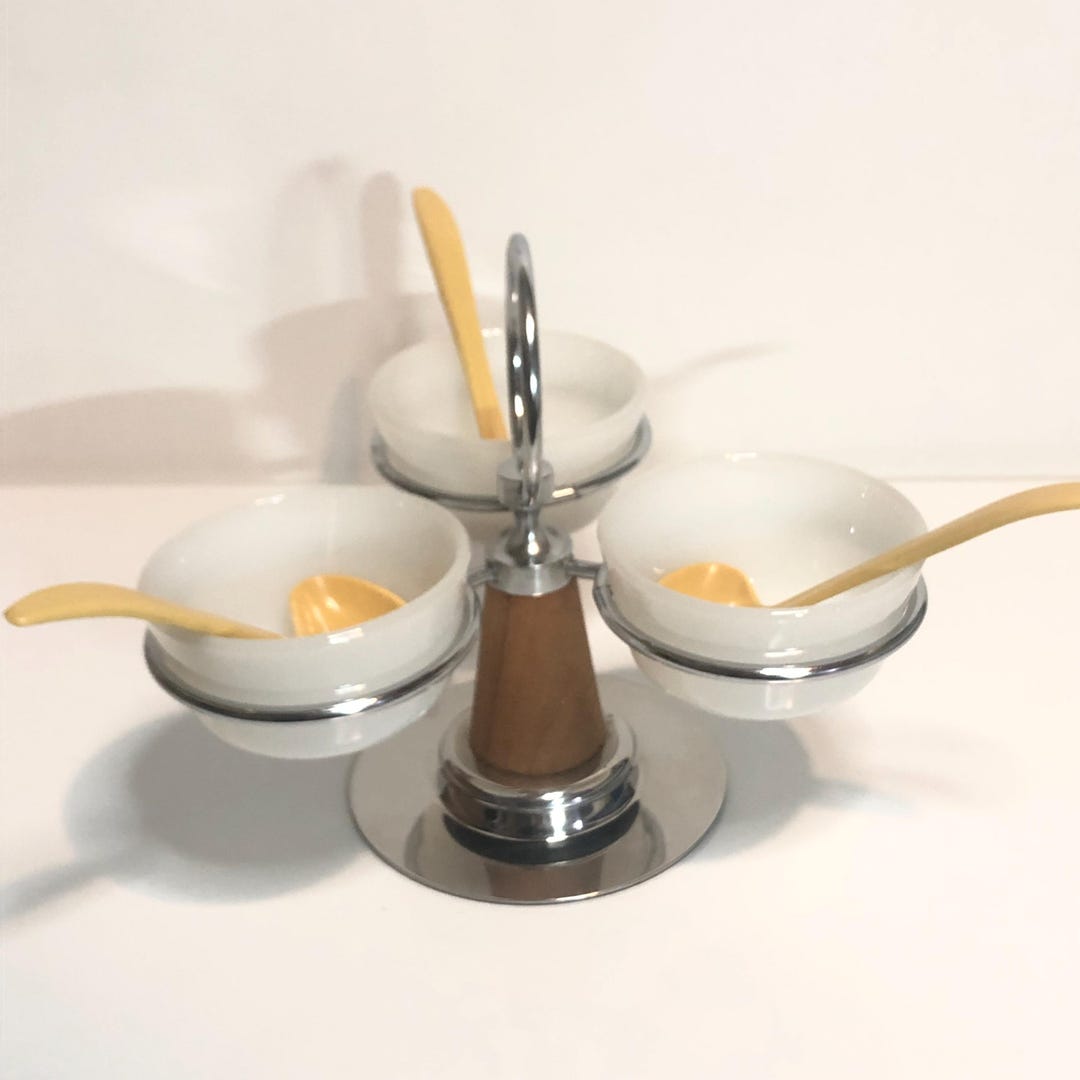 Vintage Salad Dressing Lazy Susan Wood Metal Milk Glass Tupperware ...