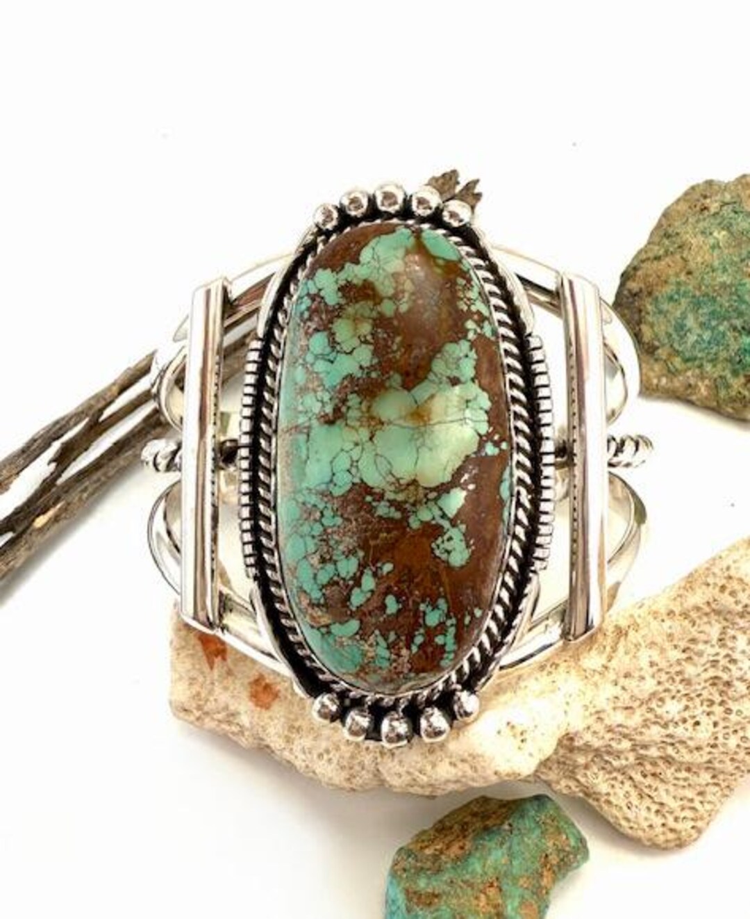 Large Oval Royston Turquoise Double Trimmed and Saw Cut Statement Cuff ...