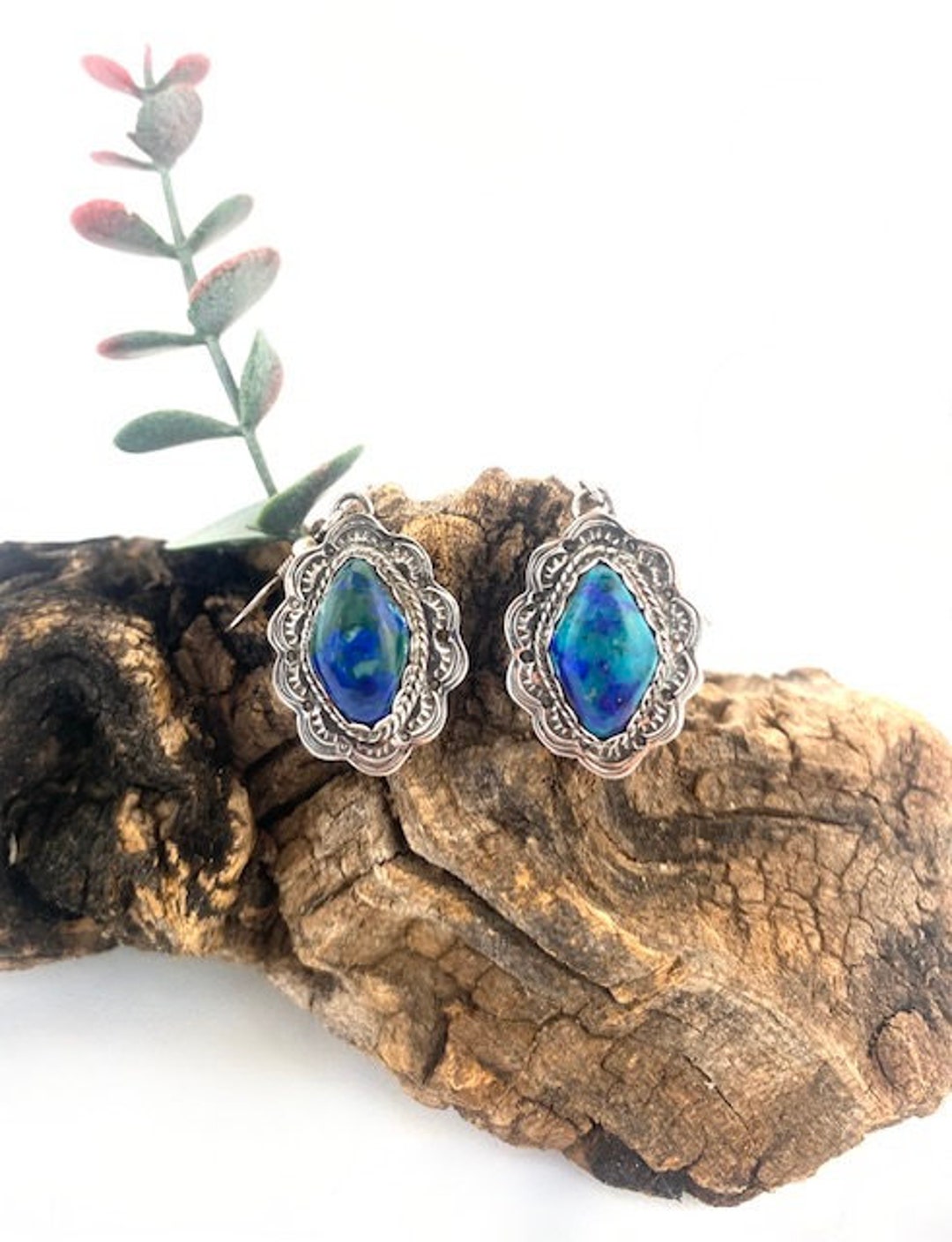 Azurite and Malachite Stamped Ledge Dangle Earrings - Etsy
