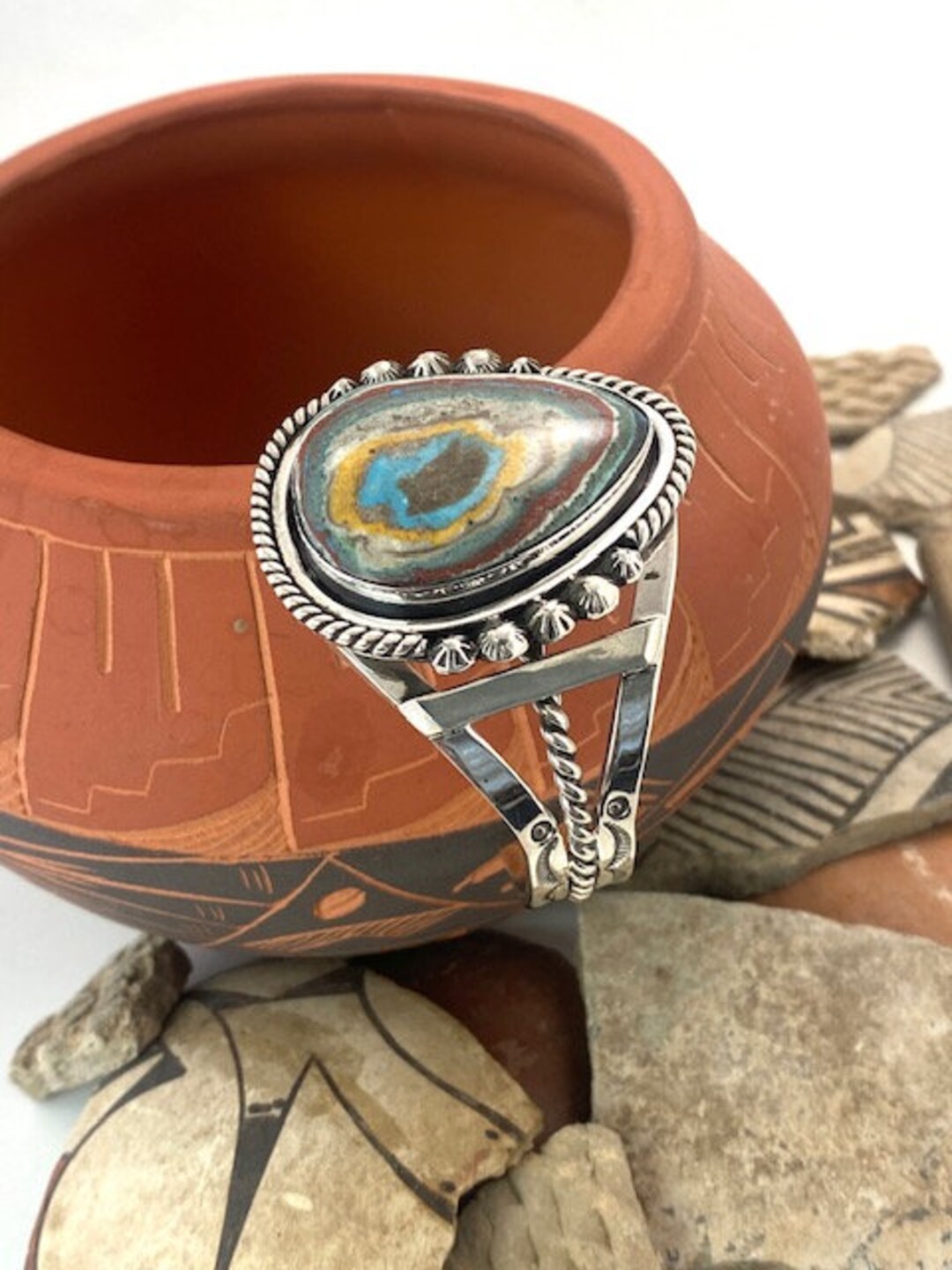 Mexican Pottery Stone Shadowbox Stamped Shank Double Trimmed Bracelet ...