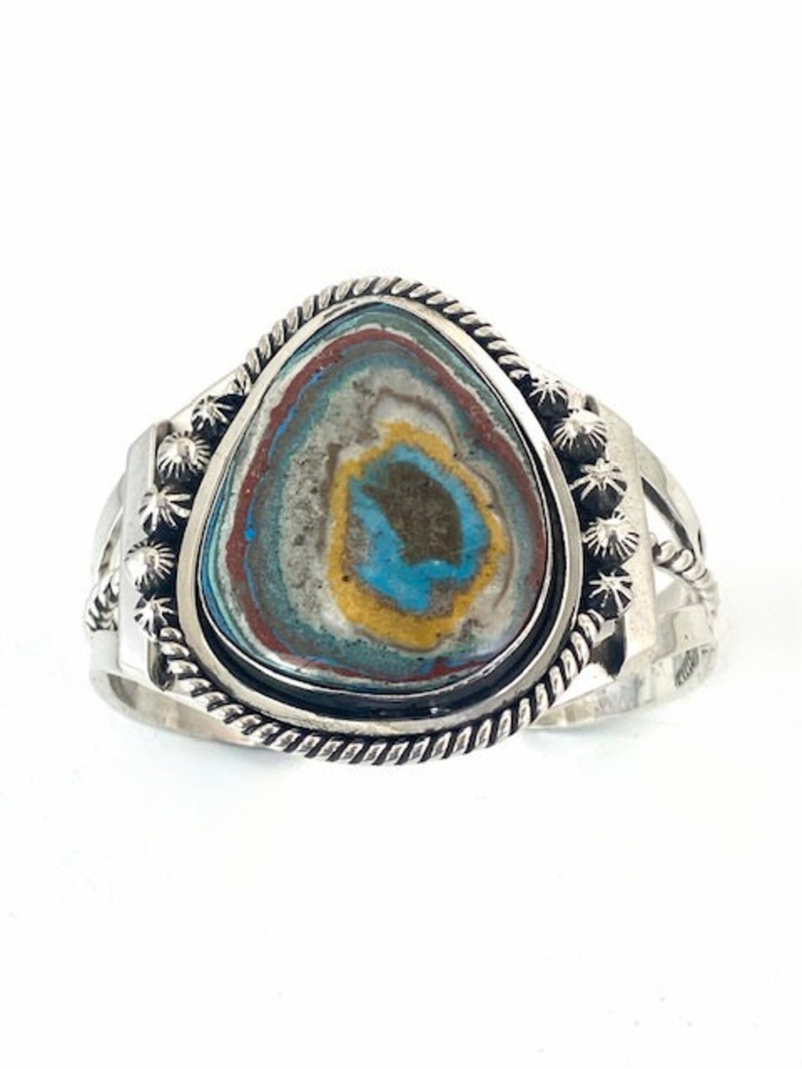 Mexican Pottery Stone Shadowbox Stamped Shank Double Trimmed Bracelet ...