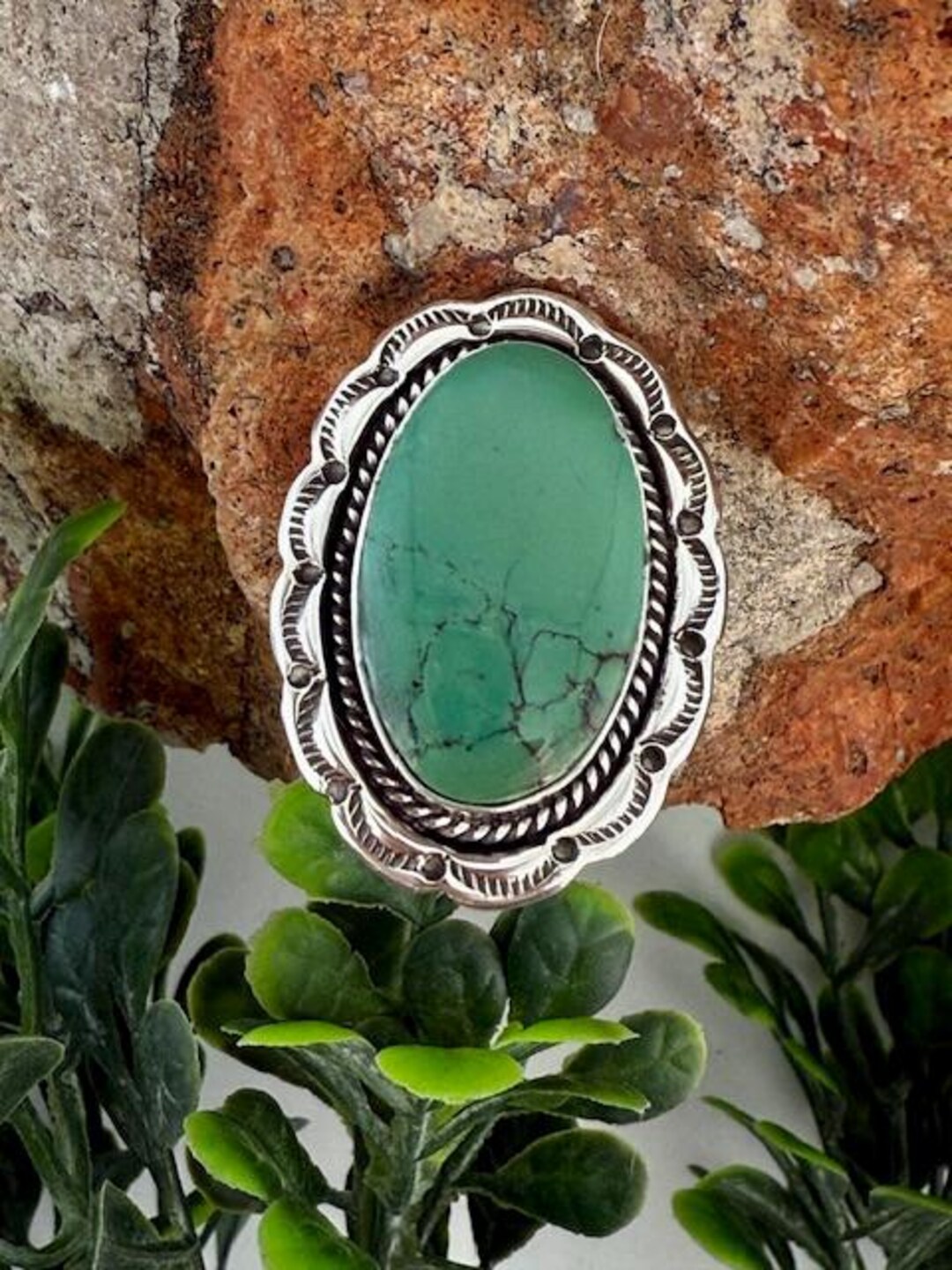 Royston Green Oval Turquoise Double Trimmed Stamped Edge Ring Size 7 - Etsy