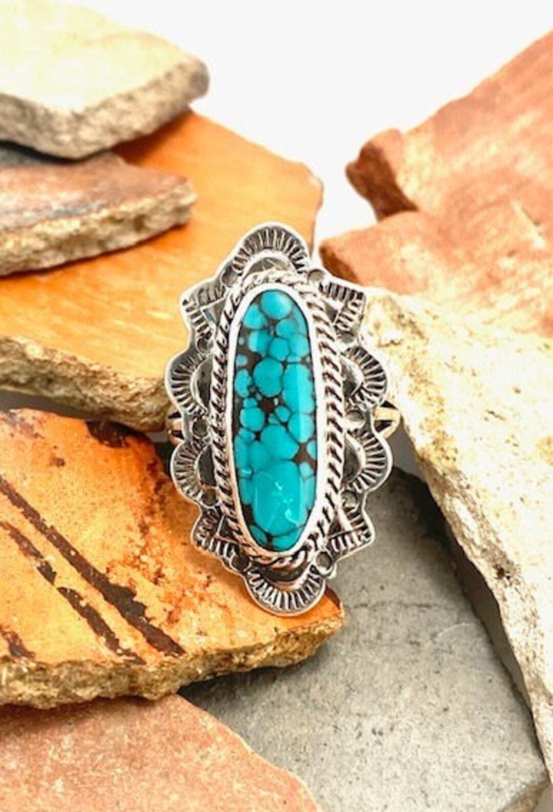 Elliptical Hubei Turquoise Black Matrix Deep Stamped Edge Ring Size 6 1 ...