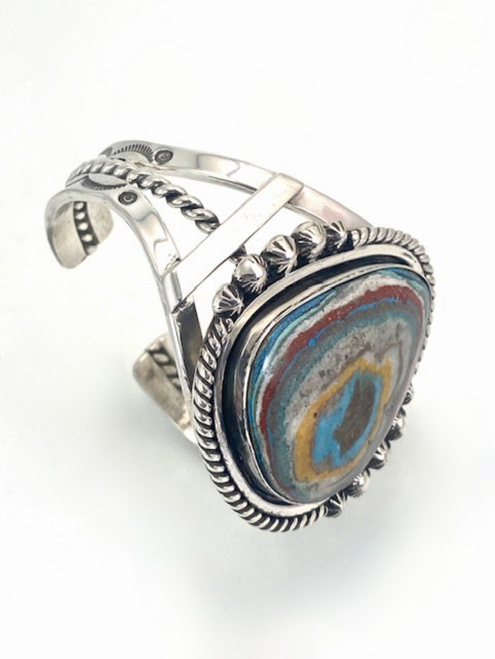 Mexican Pottery Stone Shadowbox Stamped Shank Double Trimmed Bracelet ...