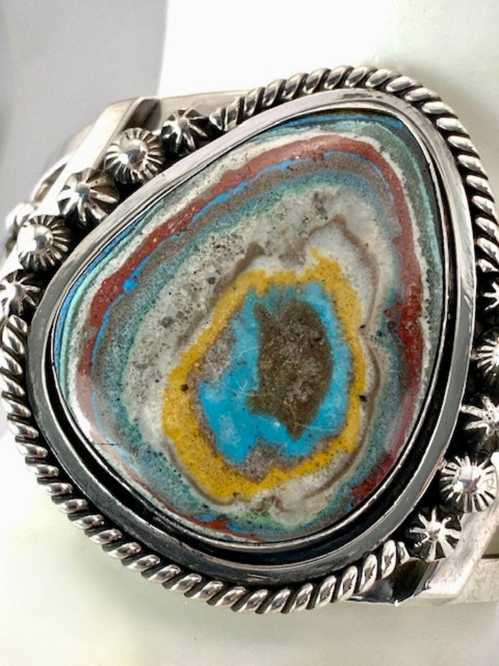 Mexican Pottery Stone Shadowbox Stamped Shank Double Trimmed Bracelet ...