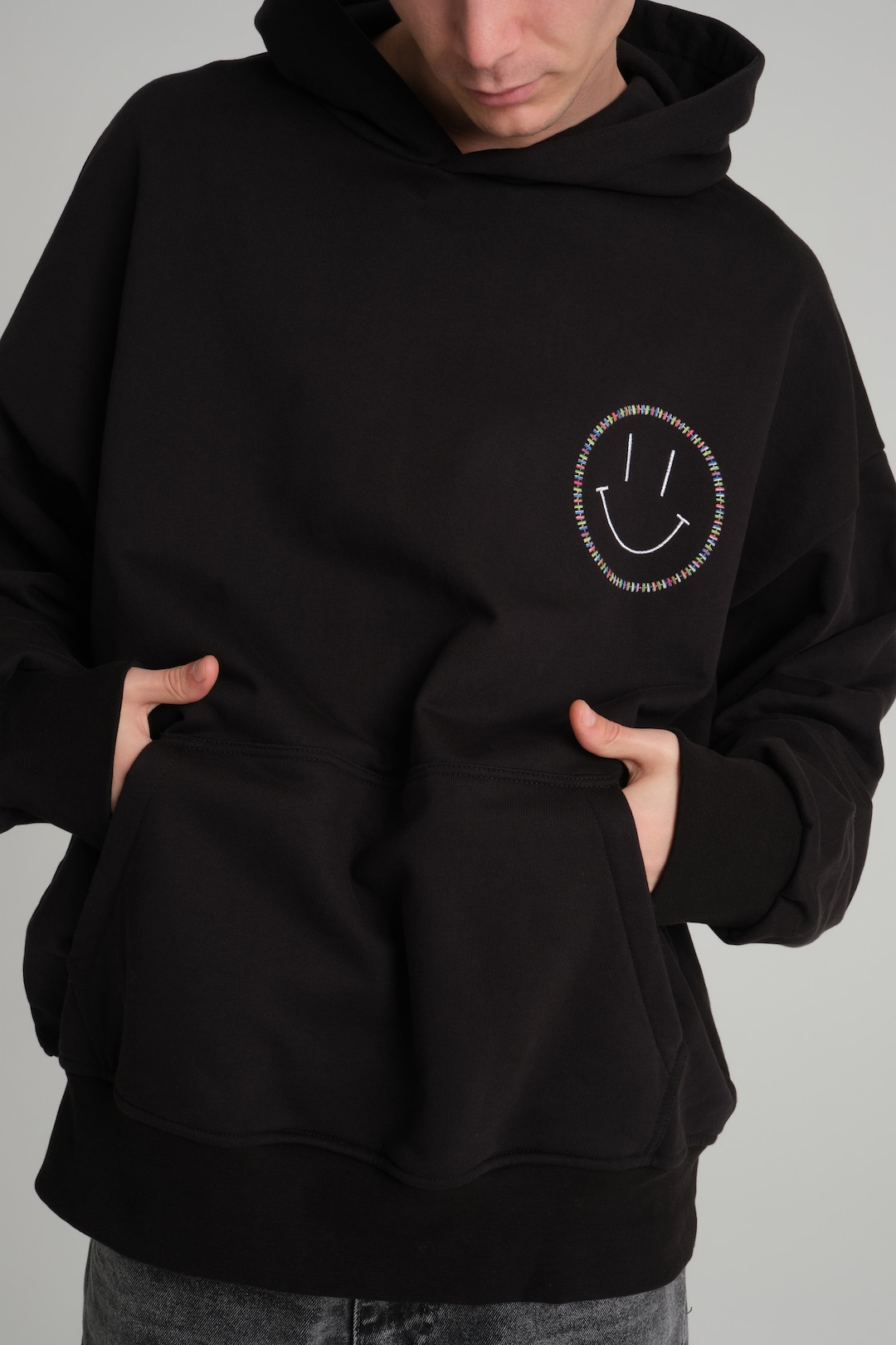 Smiley Embroidered Black Hoodie High Quality Cotton Unisex Oversized ...